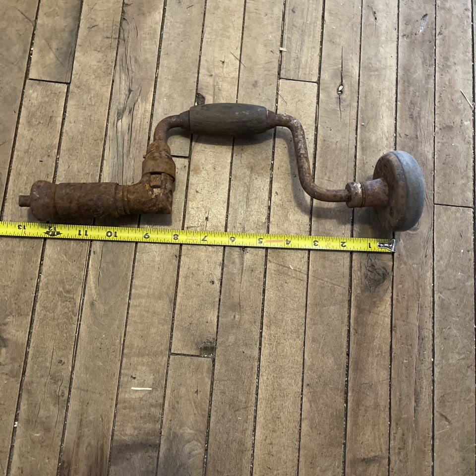 Antique Bit Brace Ratcheting Drill w/ Wood Handles Carpentry Hand Auger ...