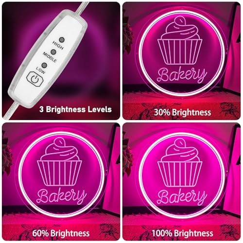 Bakery Pink Neon Sign for Wall Decor USB Powered Three Adjustable ...