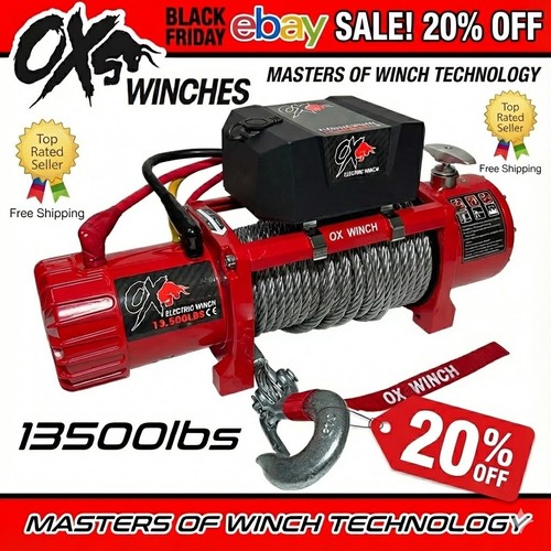 OX ELECTRIC WINCH 13500lb 12v STEEL ROPE RED WIRELESS RECOVERY TRUCK UK ...