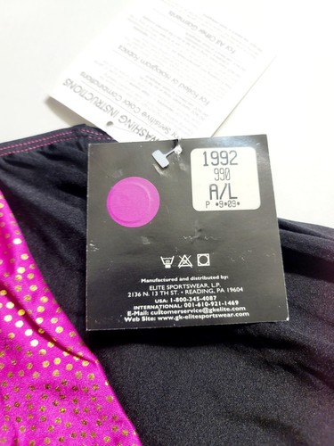 GK Elite VTG Racerback Leotard AL Gold Metallic Polkadots Magenta Black ...