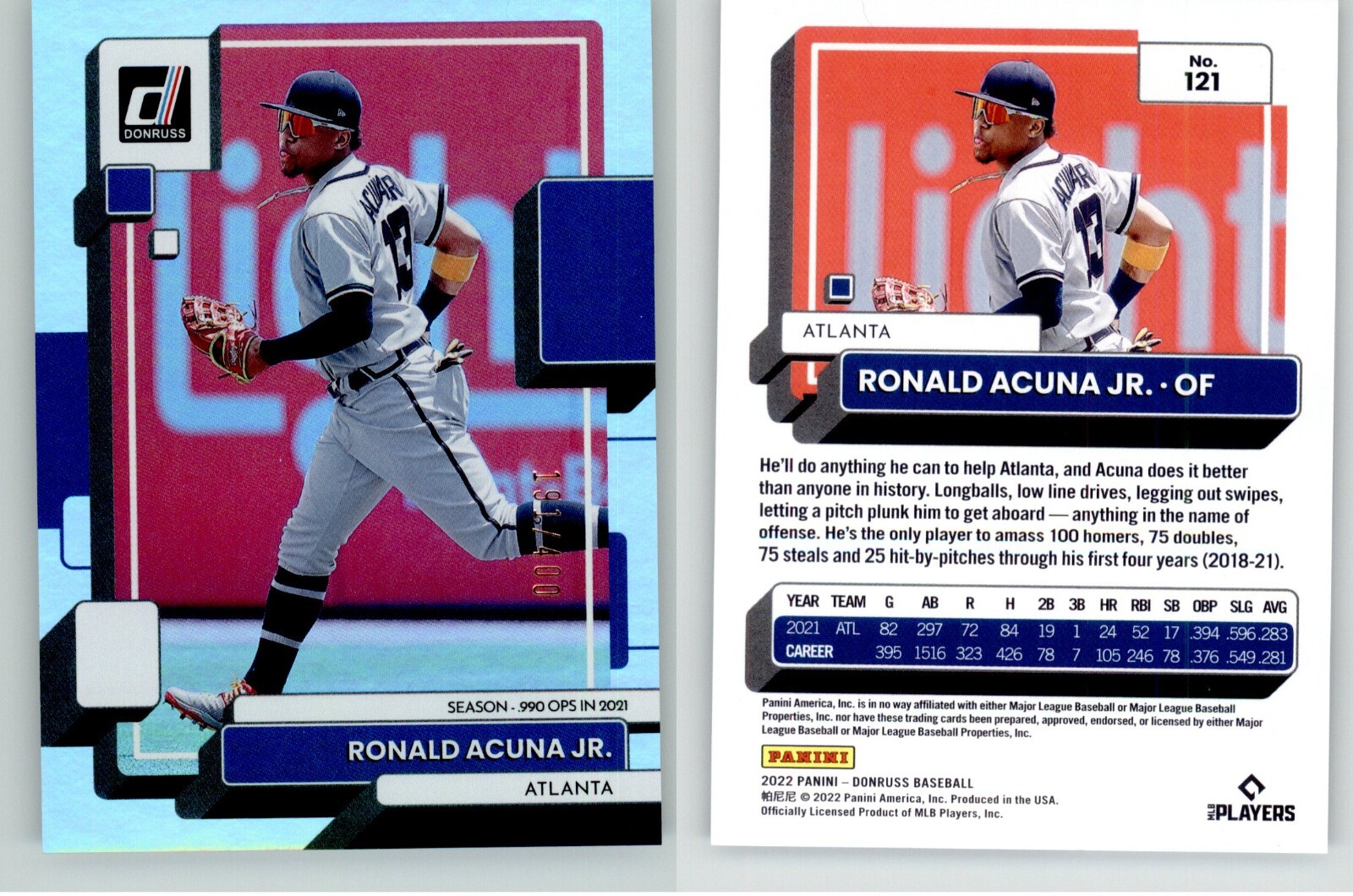 Ronald Acuna Jr. 2022 Panini Donruss Season Stat Line #121 /100 Atlanta ...