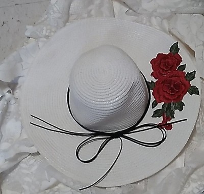Ladies White Floppy Sun Hat With Red Embroidered Rose | eBay