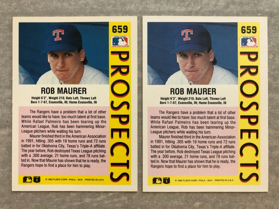 (2) 1992 Fleer ROB MAURER "Name Spelling" Error & Corrected Baseball ...
