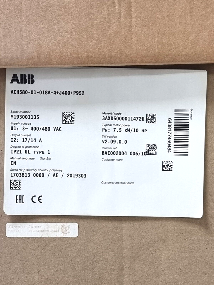 ABB ACH580-01-018A-4+J400+P952 Variable Speed Drive 7.5Kw | eBay