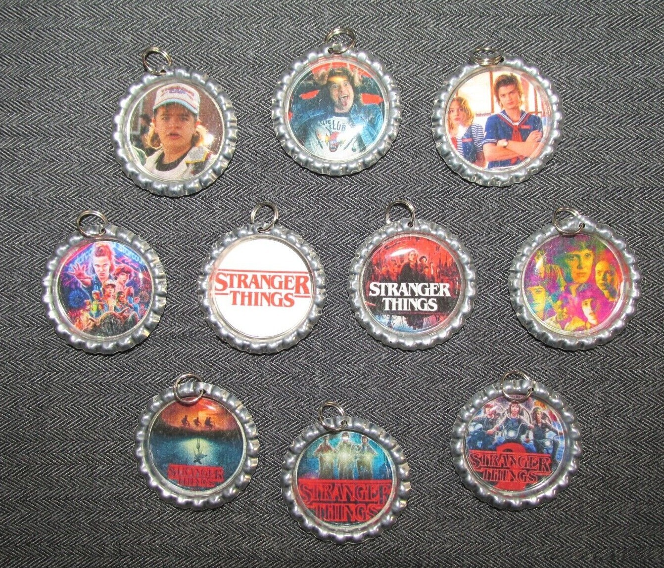STRANGER THINGS SET OF 10 Bottle Cap Bling Charms w/ Split Ring Craft ...