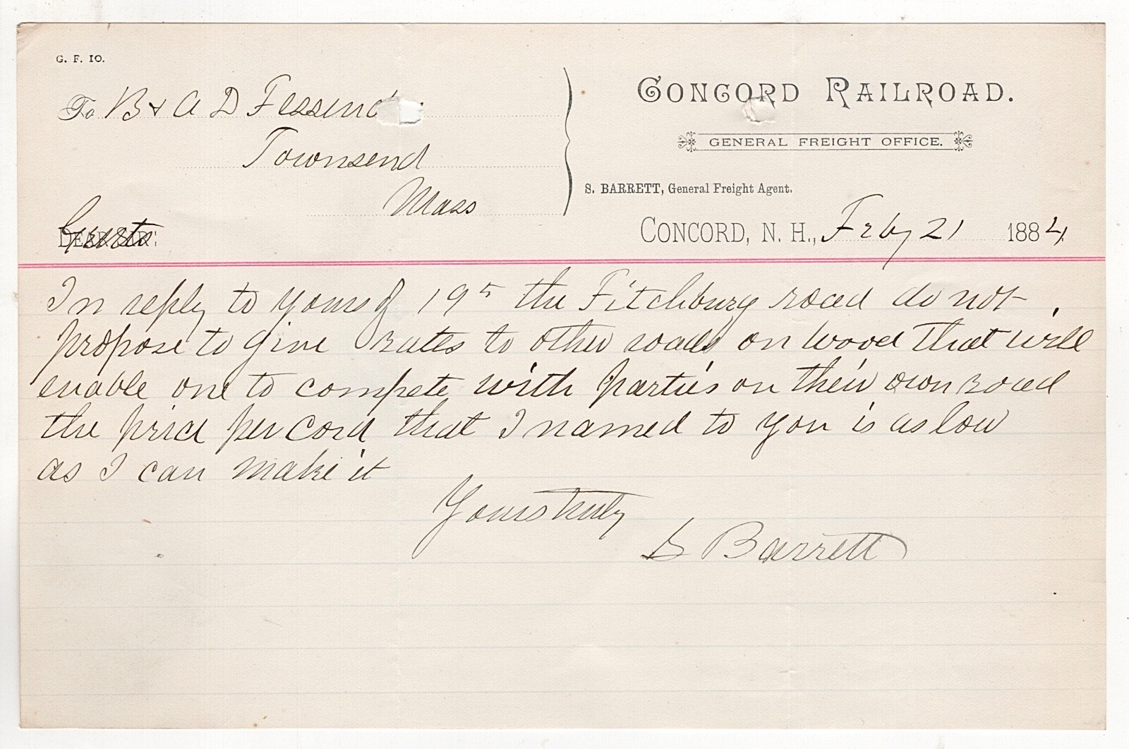 1884 CONCORD RAILROAD LETTERHEAD NH FREIGHT OFFICE BARRETT FESSENDEN ...