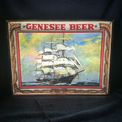 VINTAGE GENESEE BEER LIGHT UP SHADOW BOX SIGN TALL SHIP SAILING OCEAN ...