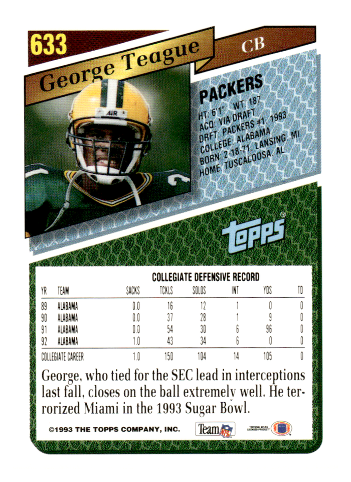 1993 Topps Gold #633 George Teague PACKERS | eBay