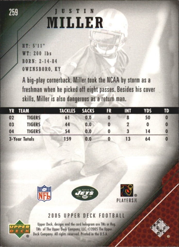 Justin Miller New York Jets 2005 Upper Deck Star Rookie Card #259 | eBay