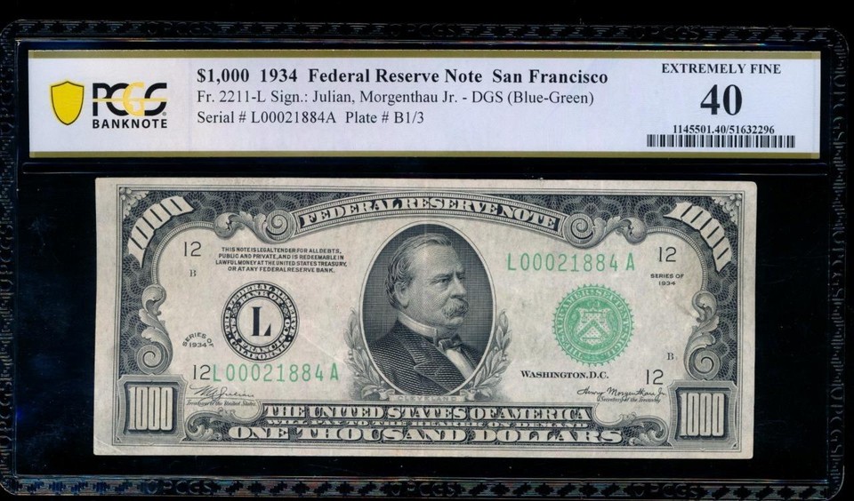 AC 1934 $1000 San Francisco ONE THOUSAND DOLLAR BILL PCGS 40 | eBay