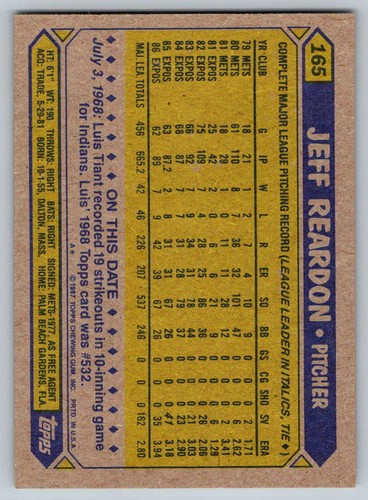 1987 Topps #165 Jeff Reardon Montreal Expos | eBay