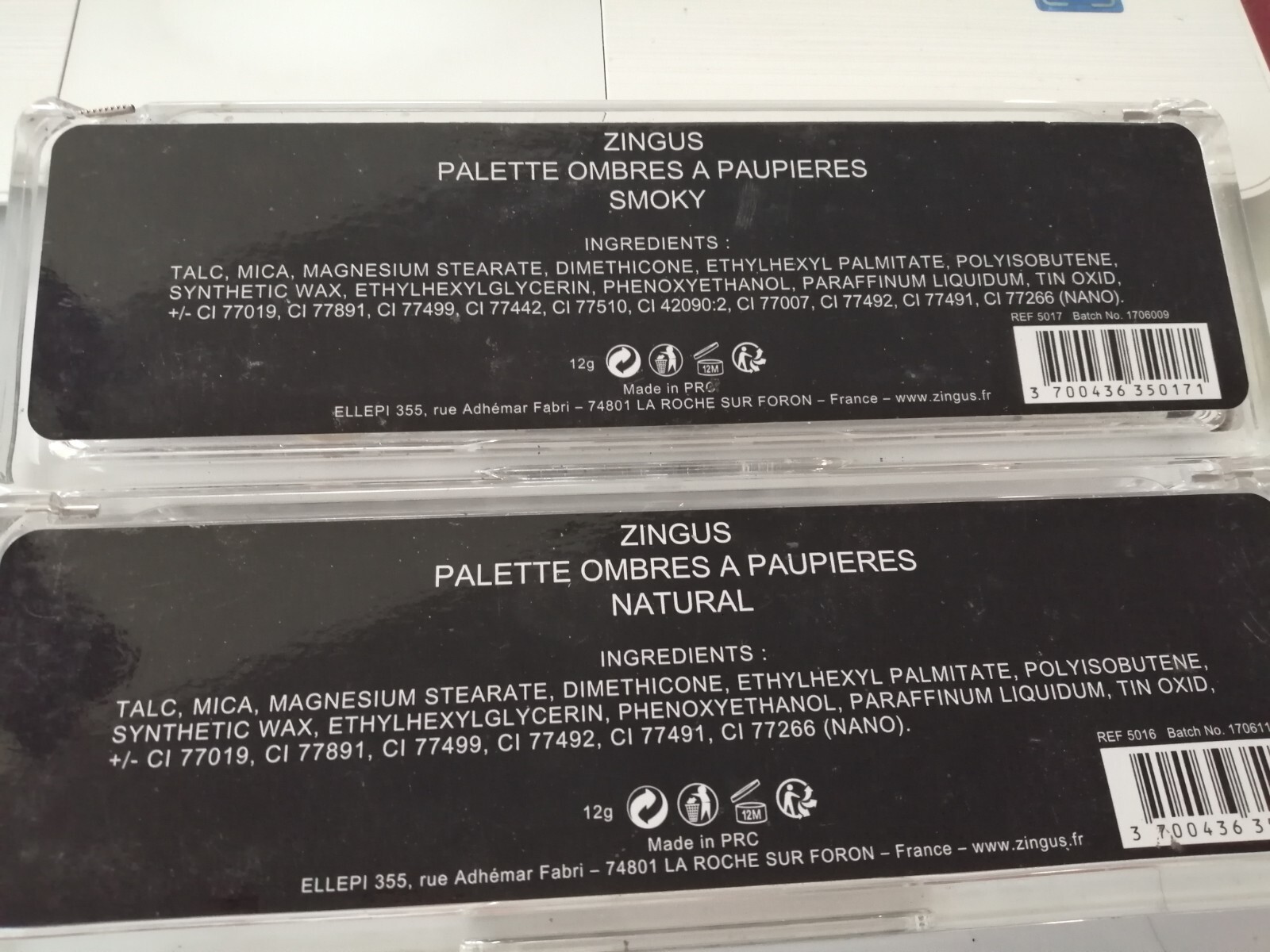 Lot de 2 palettes fards à paupières "Zingus" couleurs Smoky et Natural ...
