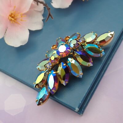 Vintage Domed AB Blue Marquise Rhinestone Gold Tone Swag Pin Brooch | eBay