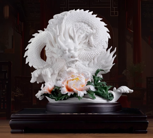 15'' Rare Chinese Dehua Color Porcelain Peony Flower Dragon Loong Beast ...