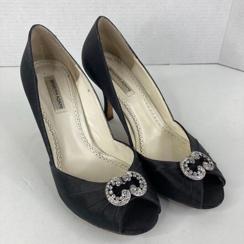 Benjamin Adams Womens Peep Toe Pump Shoes Sz 9 Black Satin Rhinestone 3 ...