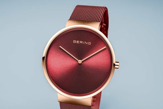 BERING Classic 39mm Polished Rose Gold Milanese Strap Red Men's Watch ...