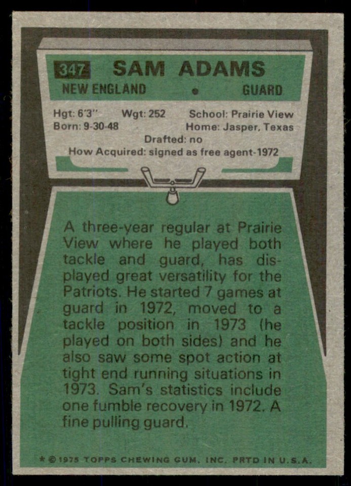 1975 TOPPS SAM ADAMS RC NEW ENGLAND PATRIOTS #347 NM-MT | eBay