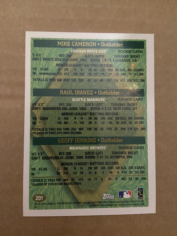 1997 Topps Prospects Rookie Card Mike Cameron Raul Ibanez Geoff Jenkins ...