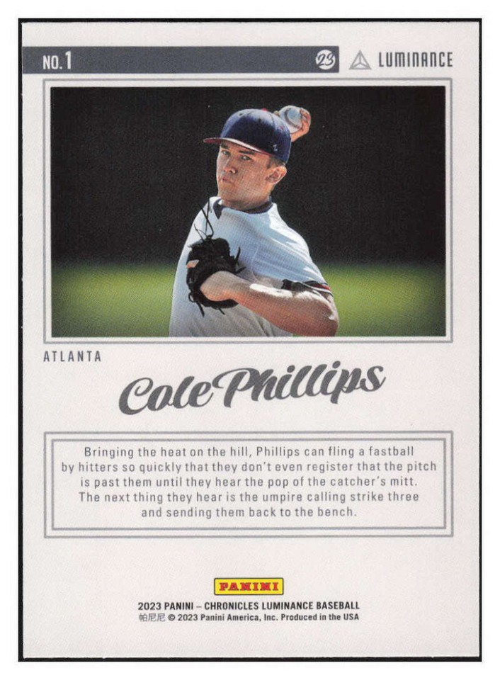 COLE PHILLIPS RC 2023 Panini Chronicles Luminance #1 ROOKIE MLB Braves ...