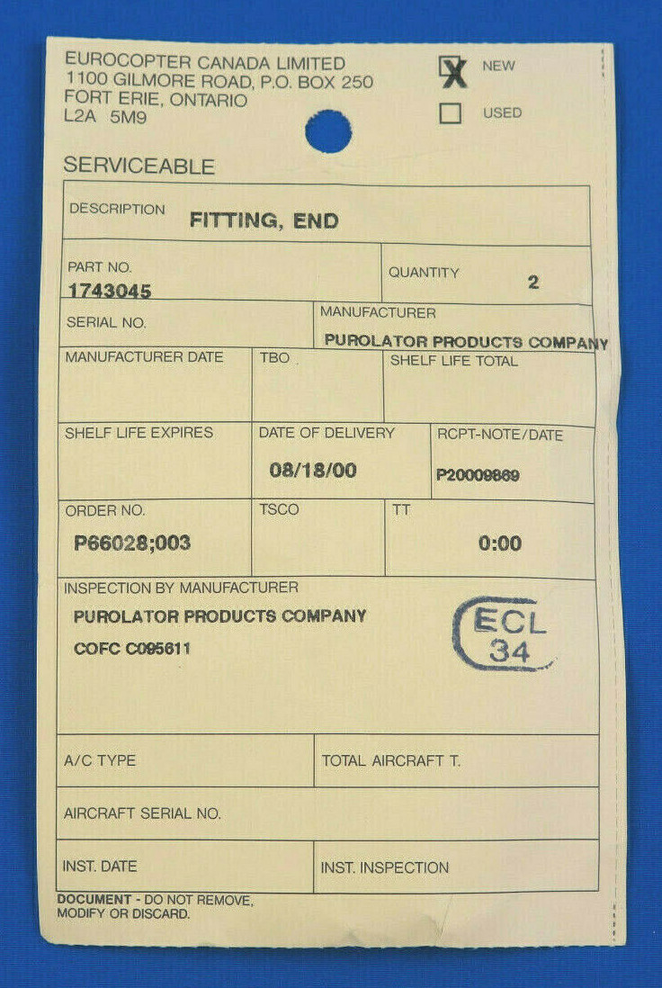 Purolator End Fitting P/N 1743045 NEW with Serviceable Tag | eBay