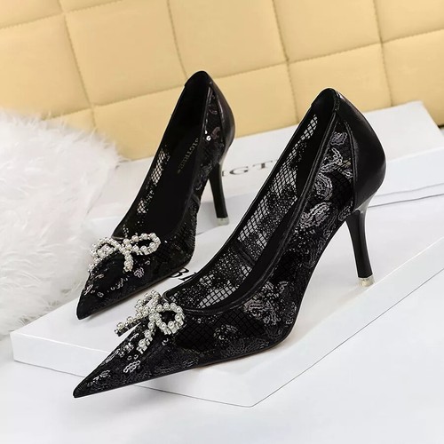 Éscarpins Chaussures Noir Femme Dentelle Talon 6 CM Aiguille et Cuir PU ...