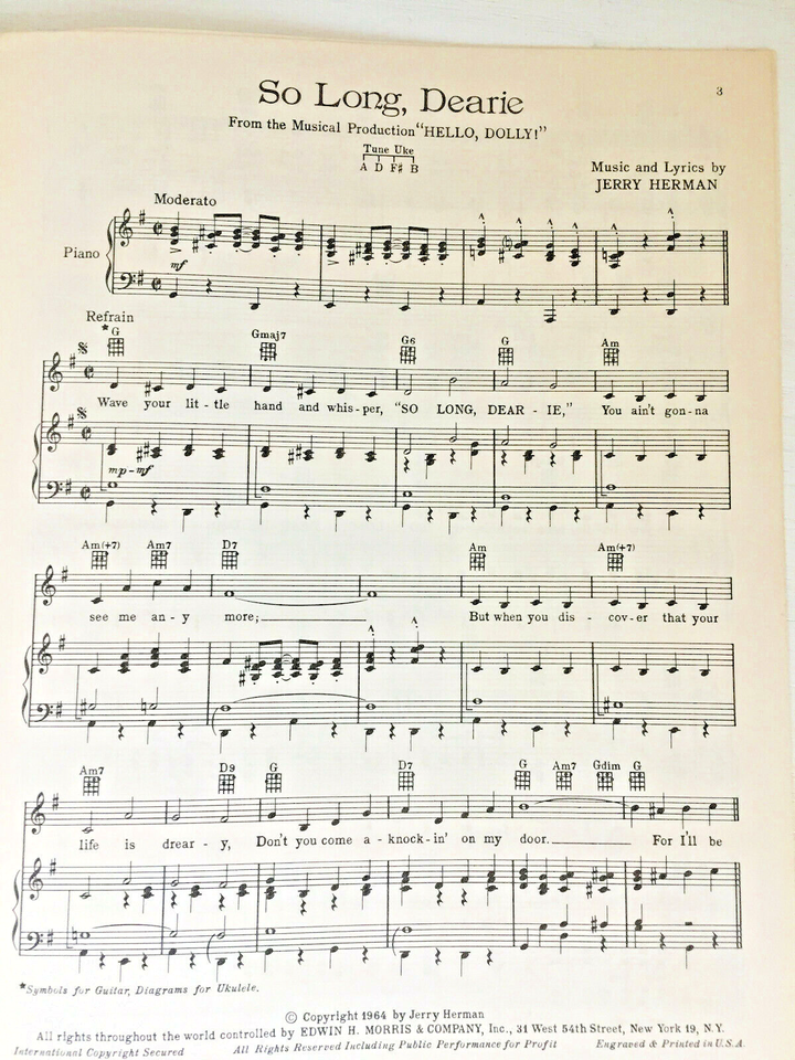 Vintage Sheet Music 1964-So Long Dearie-Hello Dolly-Piano-Ukulele-Vocal ...
