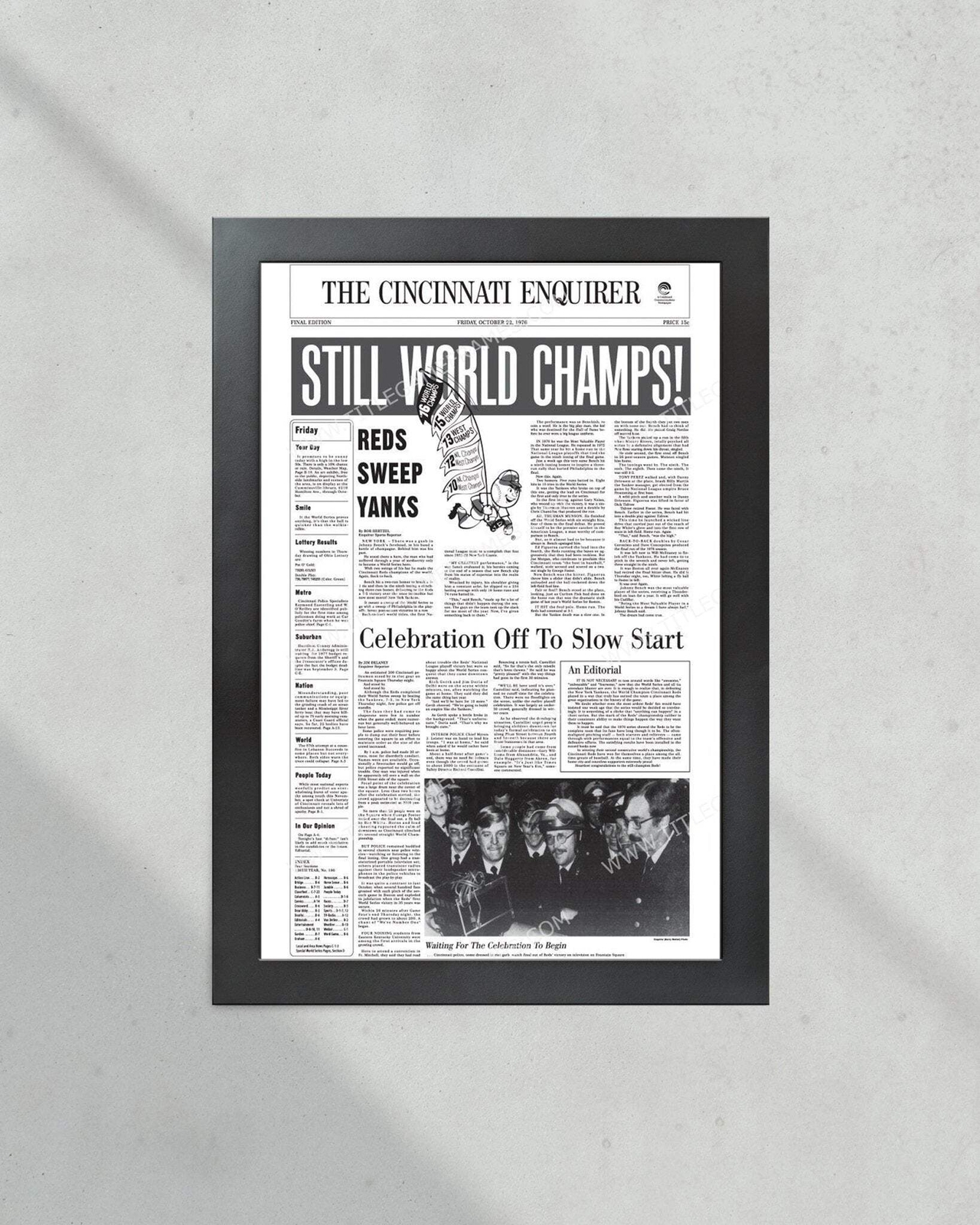 1976 Cincinnati Reds World Series Champions Framed Front Page Newspaper ...