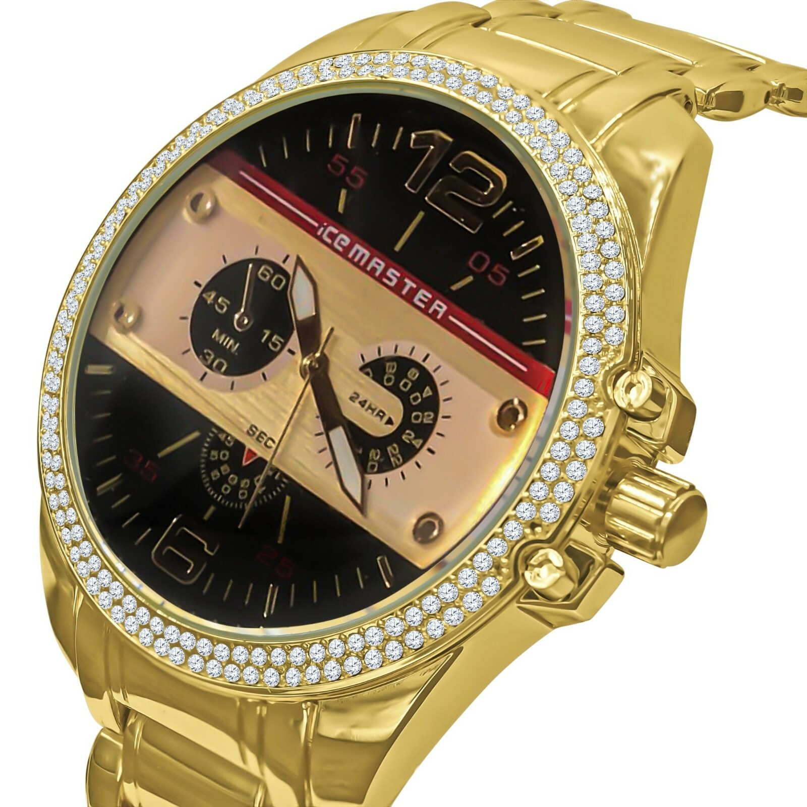 18K Yellow Gold Finish Simulated Diamond Wrist Analog Mens Watch Metal ...