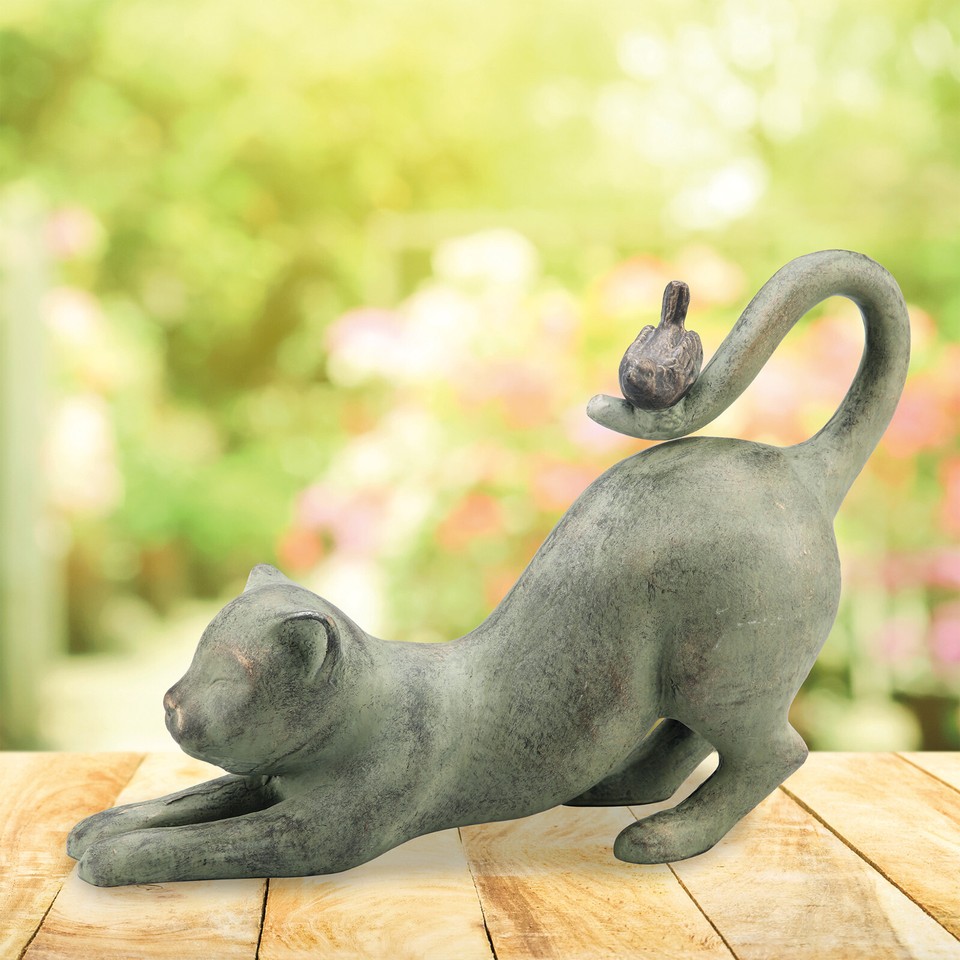 Crouching Cat With Bird Friend Garden Sculpture Statue Whimsical SPI ...