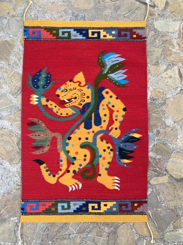 Healing Mayan Jaguar Tapestry, Hand Woven Sheep Wool Red Zapotec Decor ...