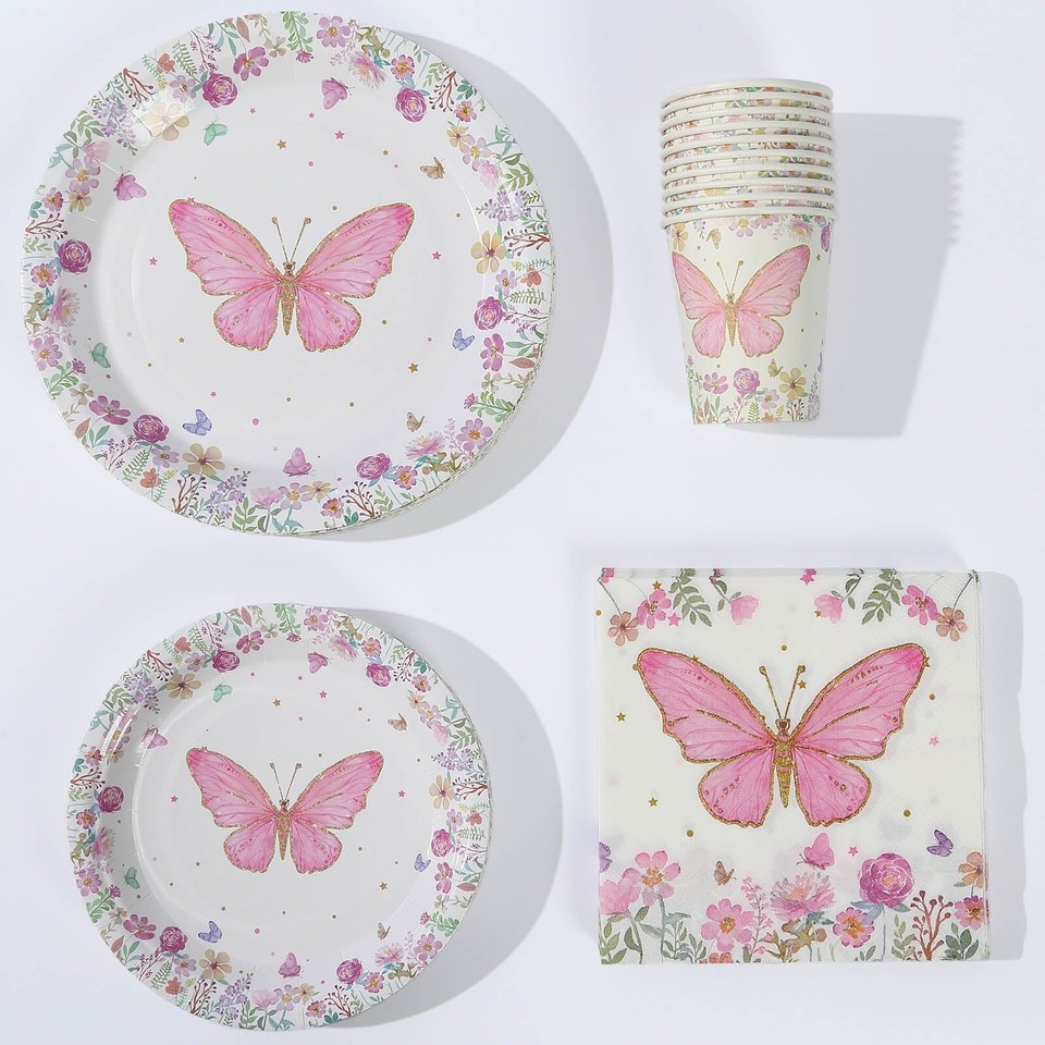 96 WHITE PINK Butterfly Print Disposable TABLEWARE Set Party Events ...