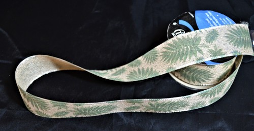 New Roll Offray satin like edge, Green Fern Leaf Fabric Ribbon, beige ...