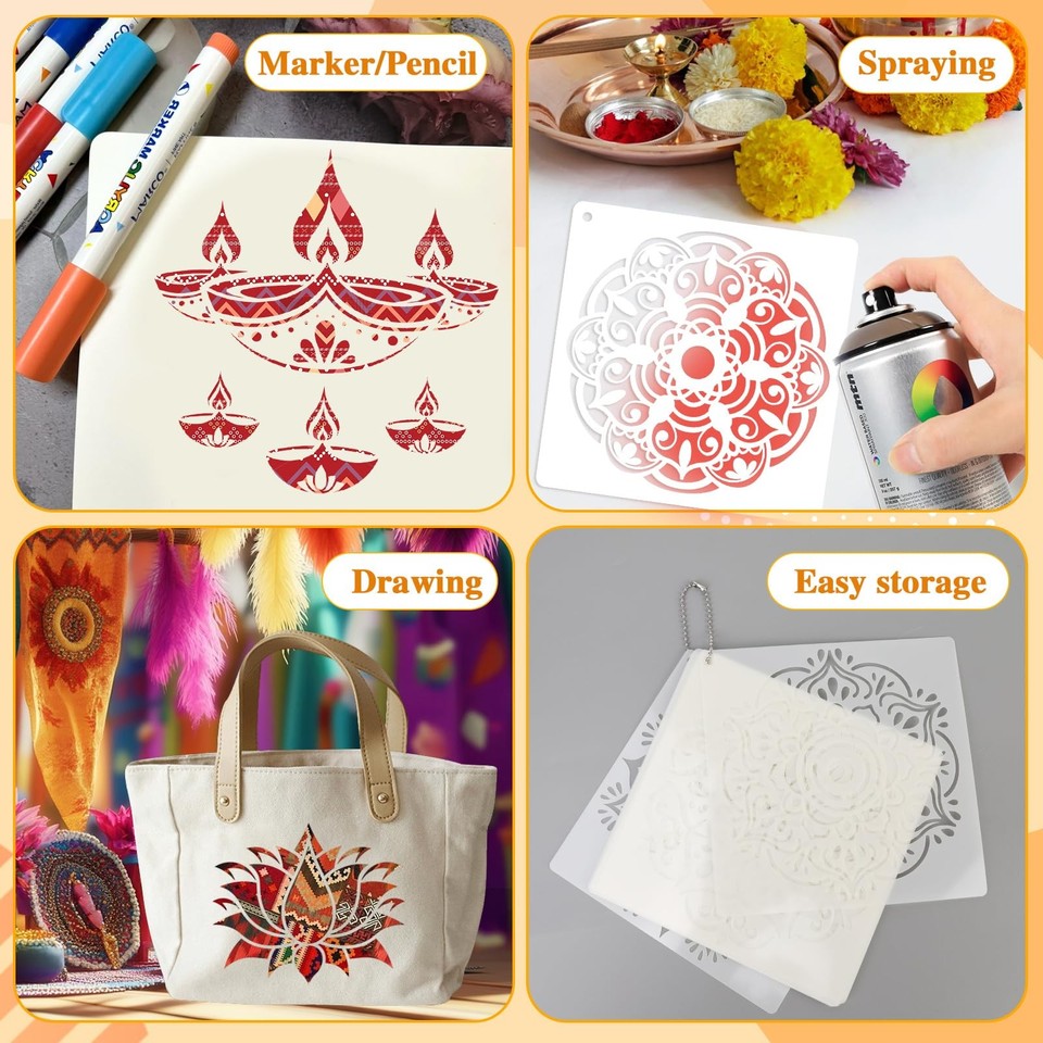 16 PCS Diwali Rangoli Stencils for Painting on Wood Reusable Mandala ...