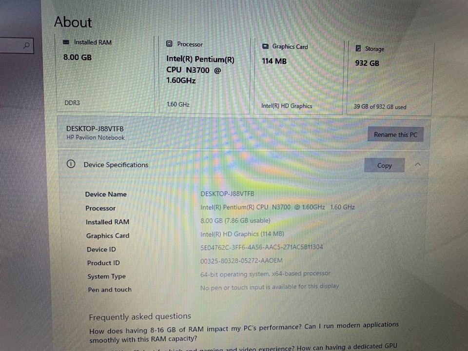 HP 17-g120ds Laptop Intel Pentium N3700 1.6GHz, 8GB RAM, 1TB HDD, Win10 ...
