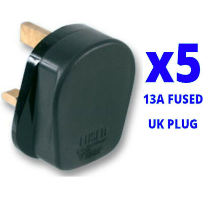 5x Rubber UK 13A 13 AMP Fused Plug Top Black Mains Household Plugs 3 ...