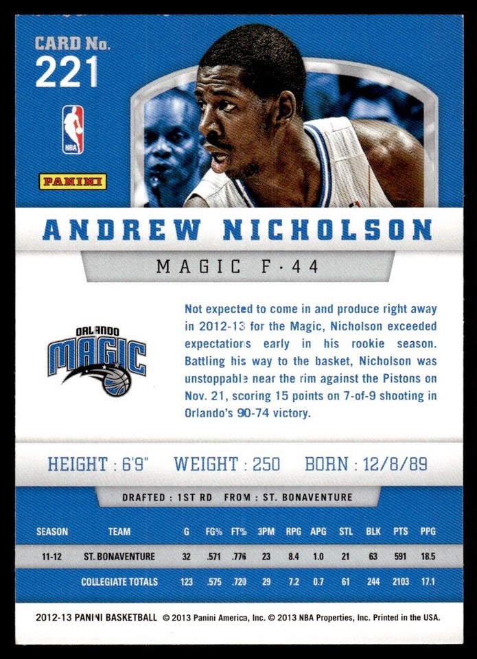 2012-13 Panini Andrew Nicholson Rookie Orlando Magic #221 | eBay
