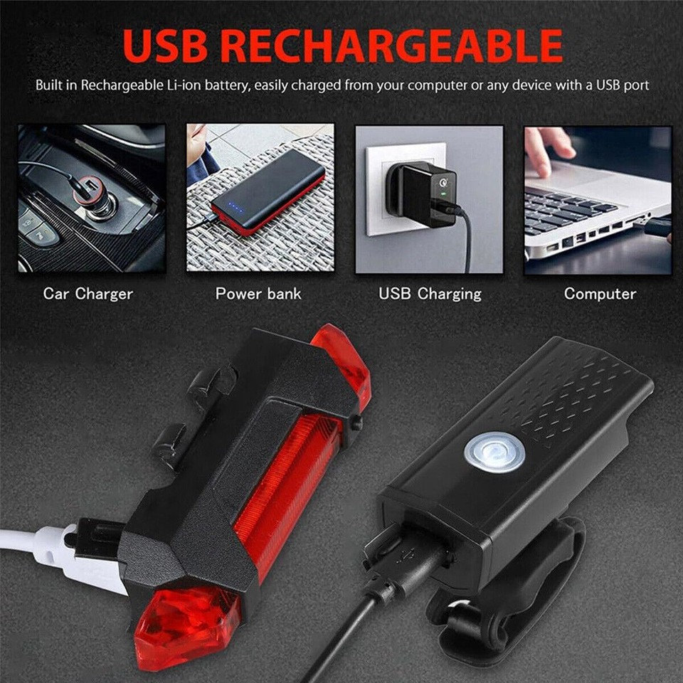 2 Set USB Rechargeable LED Bicycle Headlight Bike Front Rear Light ...