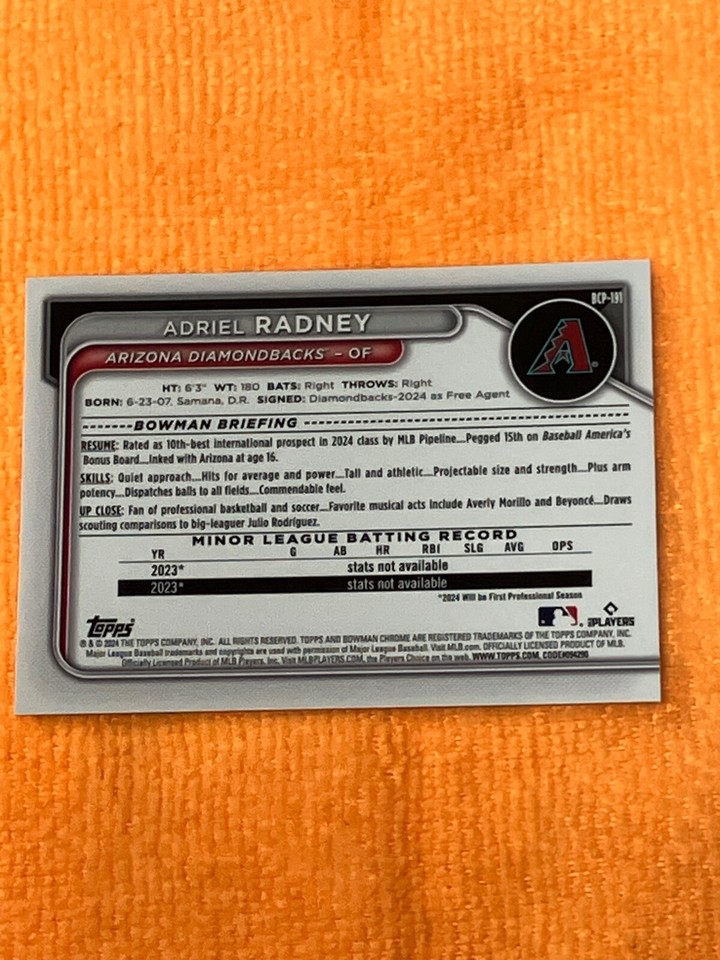 Adriel Radney 1st 2024 Bowman Chrome Mega #BCP-191 MOJO REFRACTOR ...