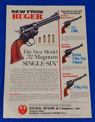 1985 RUGER .32 MAGNUM SINGLE-SIX REVOLVER ORIGINAL PRINT AD W/ 3 OTHER ...