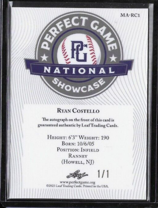 RYAN COSTELLO 2023 Leaf Perfect Game RC XRC Auto 1/1 | eBay