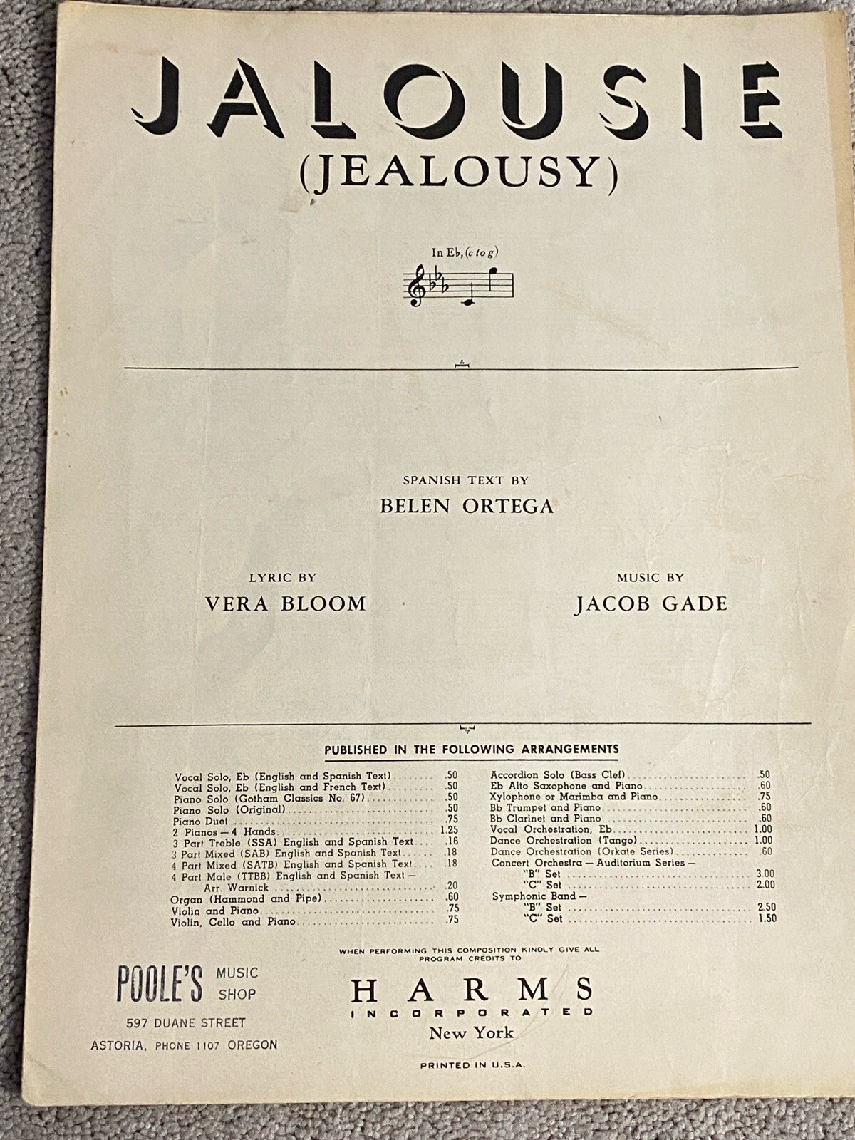 1945 JALOUSIE (Jealousy) Sheet Music by Jacob Gade, Vera Bloom (Eng ...