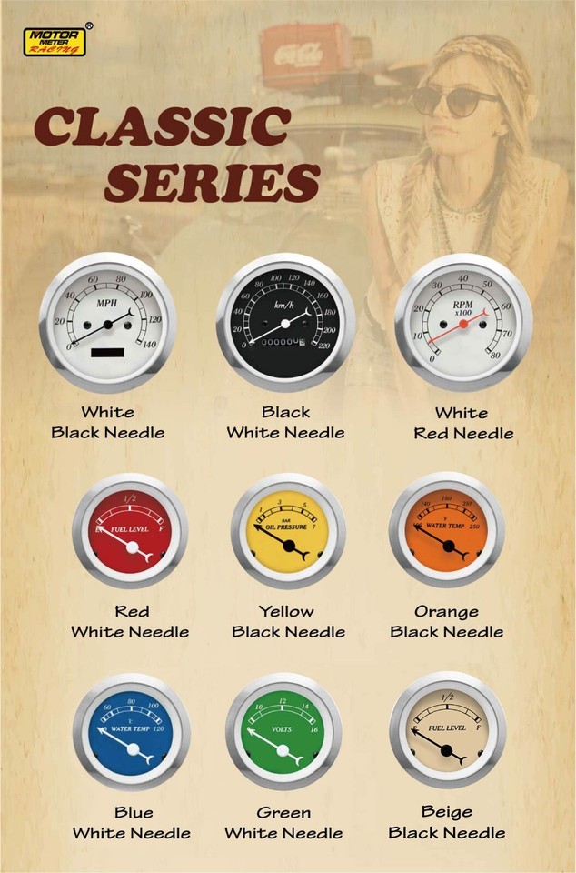 MOTOR METER RACING Classic Red 6 Gauge Set GPS Speedometer MPH °F PSI ...