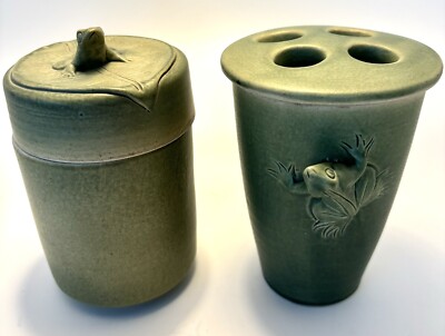 Ceramic Frog Toothbrush Holder And Canister Green | eBay