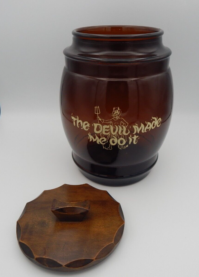 VTG SIESTA WARE BROWN GLASS THE DEVIL MADE ME DO IT COOKIE SNACK JAR W ...