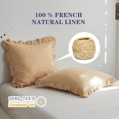 100% Linen Euro Sham Covers with Ruffle, 26x26 Inch Pillow Covers Set ...