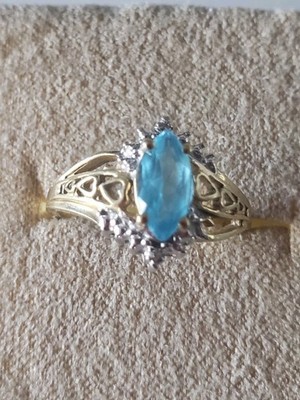 AVON Ring Size 8.75 10K Yellow Solid Gold Natural Blue Topaz 2 Diamonds ...