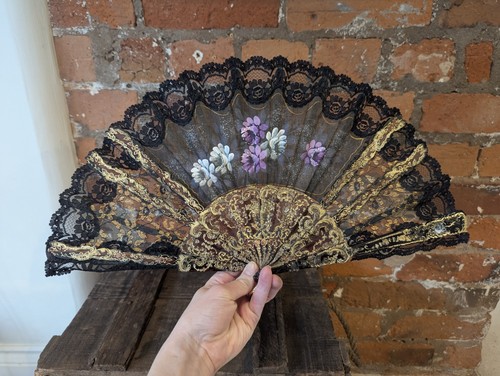 Vintage Black Gold Purple Lace Painted Floral Print Hand Fan, Folding ...