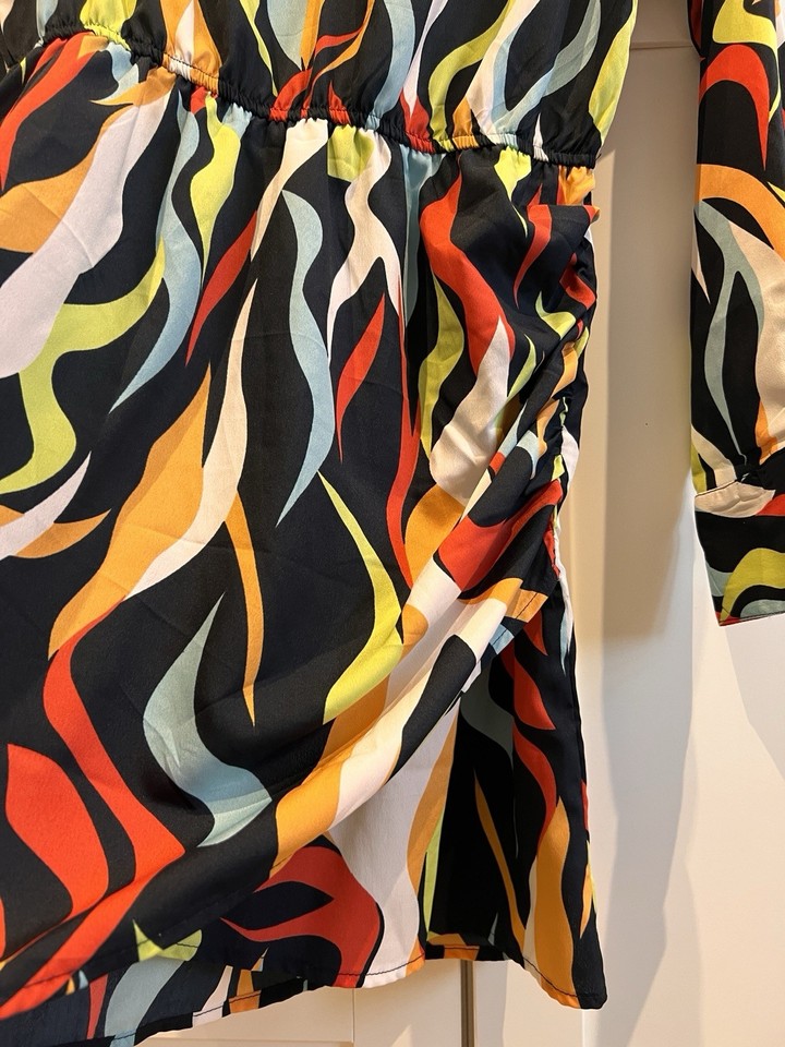 BOOHOO Party Brunch Red Orange Black Green Pattern Dress - UK 12 EU 40 ...