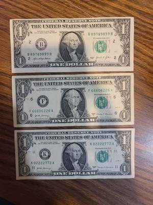 Three True Trinary Fancy Serial Number $1 One Dollar Bills Lot of 3 ...