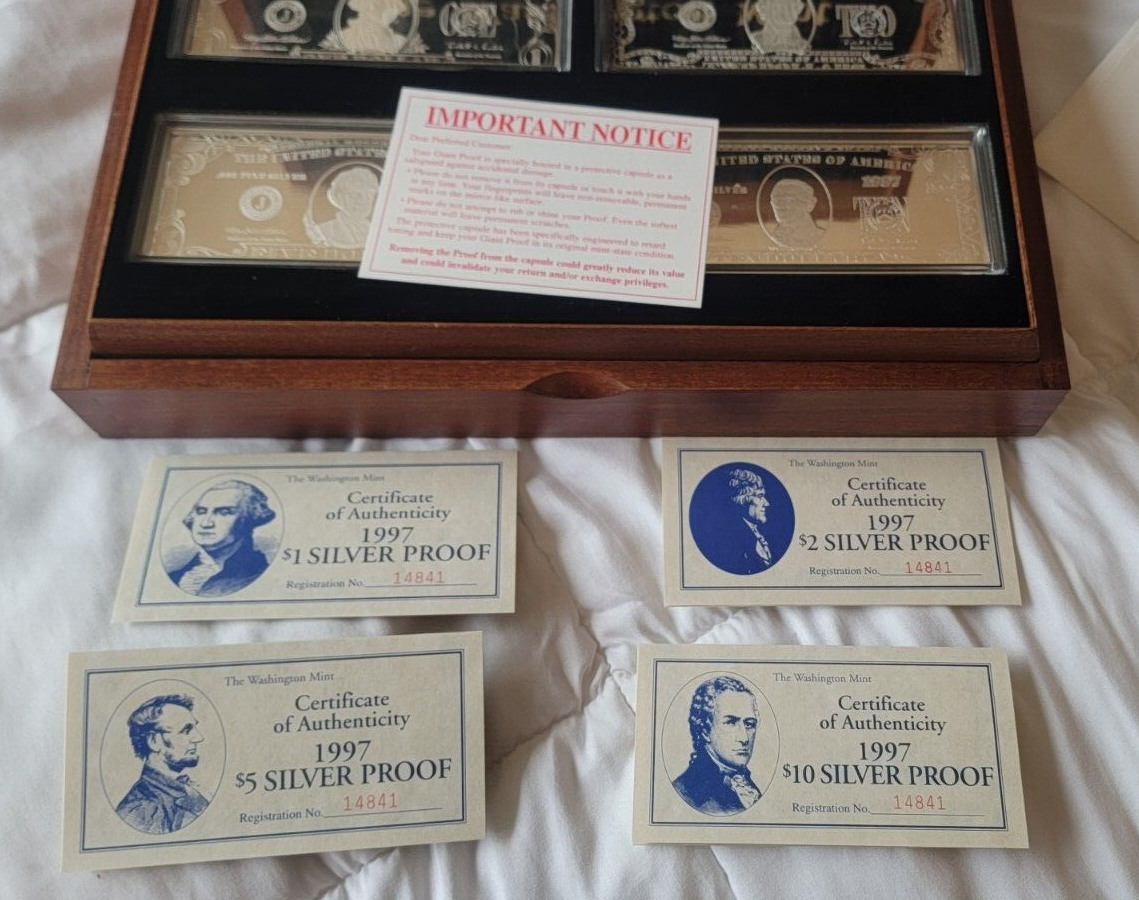 Set of 1997 Washington Mint 4oz .999 Fine Silver Bills - Set of 4 W ...
